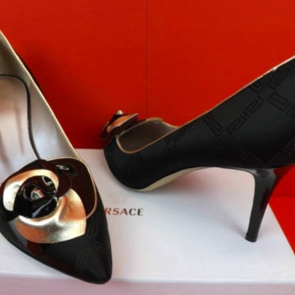 Versace | Shoes | Versace Black Leather Flower Jacquard Greek Keys ...